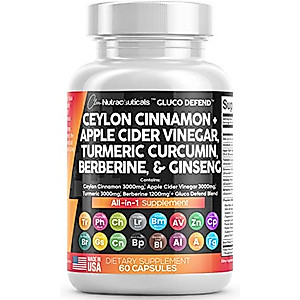 Clean Nutraceuticals Ceylon Cinnamon 3000mg Turmeric 3000mg Apple Cider Vinegar 3000mg Ginseng 2000mg Berberine 1200mg Plus Bitter Melon Gymnema Milk Thistle Fenugreek