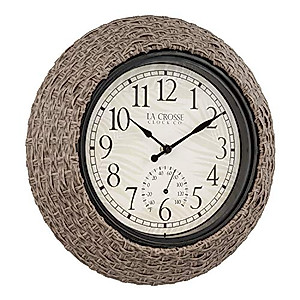 La Crosse 433-3833 13-inch Weaver Indoor/Outdoor Rattan Analog Quartz Wall Clock, Brown