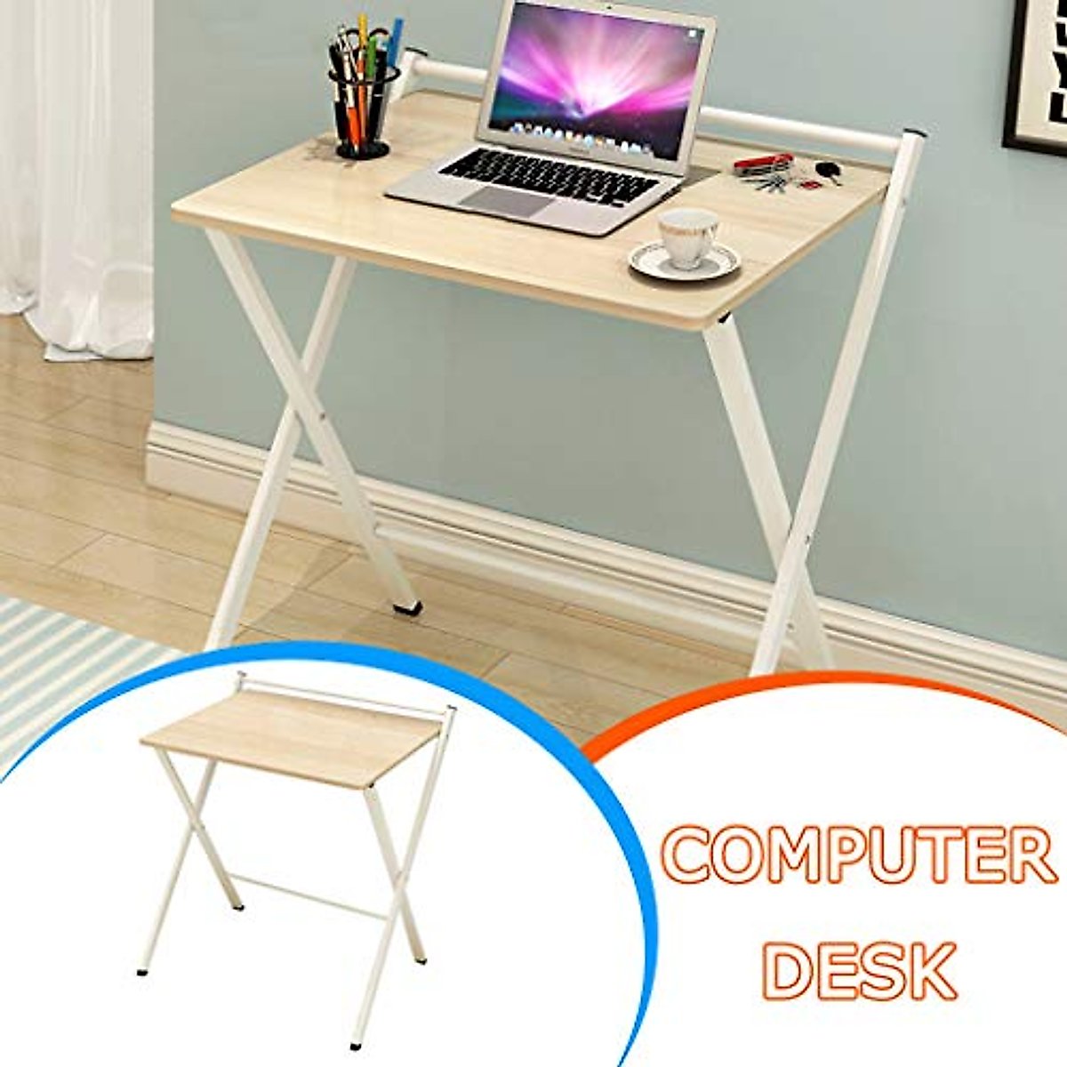 Foldable Computer Desk, Cross Table Legs to Stable, Waterproof and No Odor Office Desk, Curved Desktop Edge for Safe to use, Writing Desk, Gaming Desk - Faster Logistics Can Reach Your Hands
