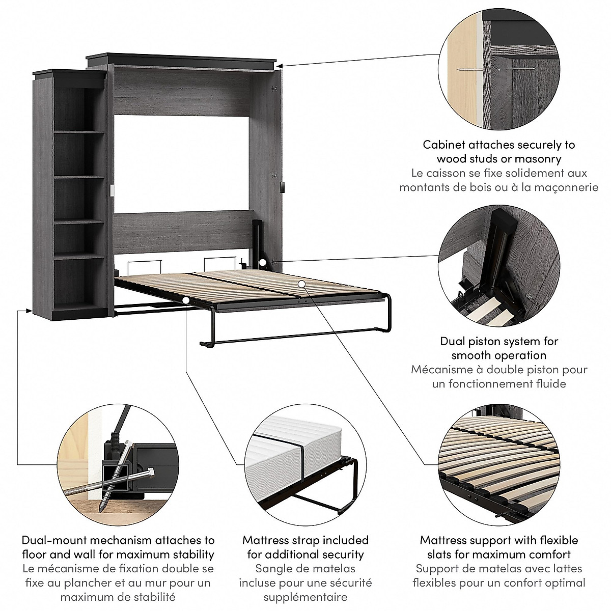 Bestar Orion Queen Murphy Bed with Shelves (87W) in Bark Grey and Graphite, Sleeping Arrangement with Storage