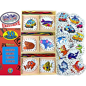 Matty's Toy Stop Deluxe Lacing Shapes (10 Count) Vehicles, Fish & Jungle Animals Educational Gift Set Bundle - 3 Pack (30 Shapes Total)