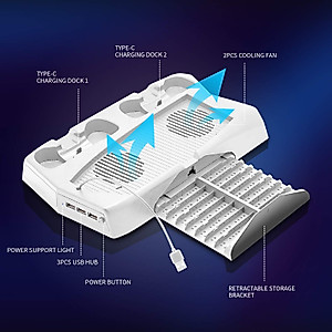 HEATFUN PlayStation 5 Charger, PS5 Stand with Cooling Fan and Controller Charger, Vertical Stand for PS5 Disc & Digital Editions, PS5 Stand with USB Ports and Game Rack - White