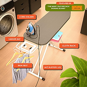 Xabitat Full Size Ironing Board 57" X 15" with Wall Mount Hanger, Full Metal Construction Iron Board, Built in Iron Caddy, Heat & Scorch Resistant Fabric, Cord Holder, Anti-Skid Feet, Heavy Duty
