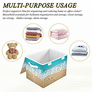 YETTASBIN Summer Beach Storage Basket with Lid and Handles, Large Collapsible Fabric Storage Bins Sturdy Storage Organizer for Shelves, Closet, Bedroom, School, Office, Home Decor