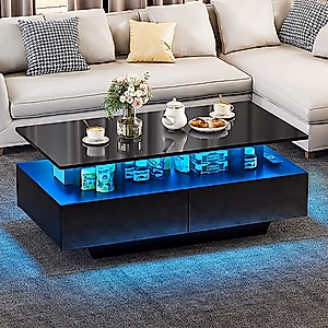 YITAHOME LED Coffee Table with Storage, High Glossy LED Coffee Tables for Living Room, Small Center Table with Open Display Shelf & Sliding Drawers, Black