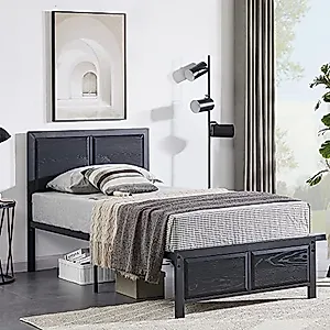 VECELO Twin Size Platform Bed Frame with Black Wood Headboard, Mattress Foundation, Strong Metal Slats Support, No Box Spring Needed
