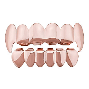 PRETYZOOM Rose Gold Plated Hip Hop Tooth Grillz Cap Top and Bottom Grill Set Vampire Fangs Teeth Grillz