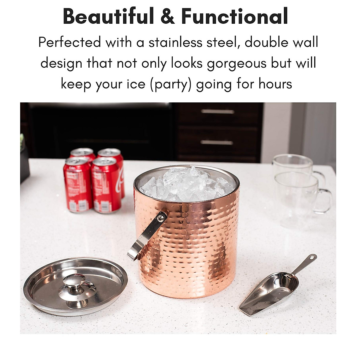 BirdRock Home Ice Bucket with Scoop & Lid - 2.8 Liter Hammered 18/8 Stainless Steel Container for Bar - Double Wall Insulated Bucket with Carrying Handle - Great for Parties - (Copper)