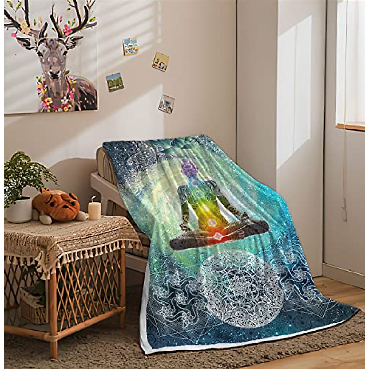 Chakra Chunky Throw Blanket for Couch Bedroom Bedding Decor Office, Seven Chakra Yoga Meditation Zen Hippie Lotus Spiritual Soft Thick Flannel Bed Blanket Decorations (640 Grams 50X60 Inches)