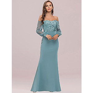 Ever-Pretty Women's See-Through Sequin Dress Mermaid Evening Dress with Sleeve Blue US20