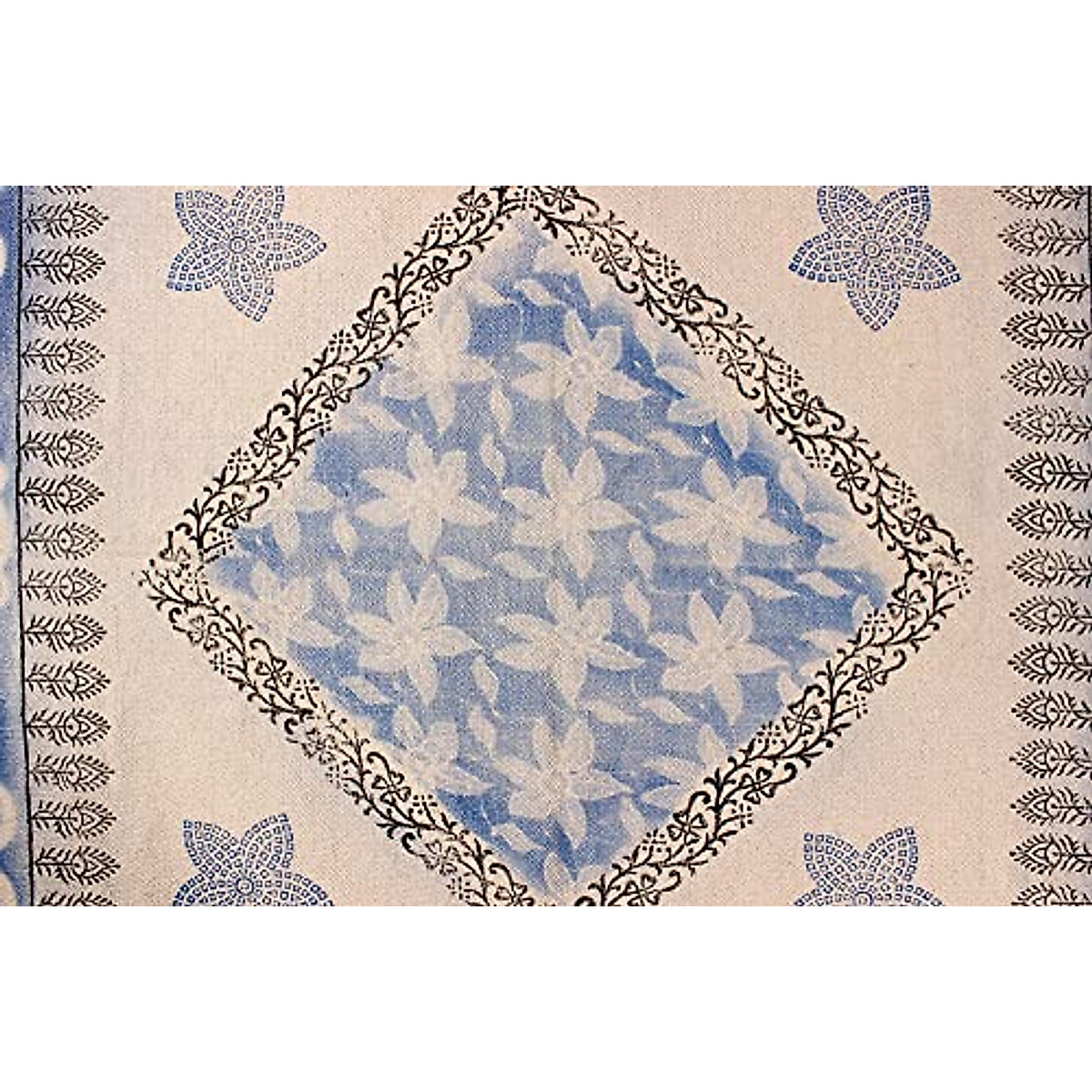 Casavani Hand Block Printed Cotton Dhurrie Geometric Blue & Beige Tassel Rug Easy Care Washable Rugs for Doormat Entryway Living Room Bedroom Hallway Balcony 4x8 Feet