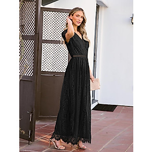 MEROKEETY Women's 2024 V Neck Short Sleeve Floral Lace Wedding Dress Bridesmaid Cocktail Party Maxi Dress, Black, X-Large