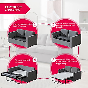 MUZZ Pull Out Couch Bed, 2 in 1 Sleeper Sofa Bed with Cup Holder & USB, Modern Velvet Sofa Bed with Foam Matress for Living Room, Apartment, Office(Queen/Dark Grey)