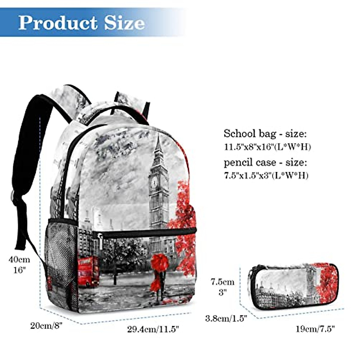 TBOUOBT Travel Backpack Set Lightweight Laptop Casual Backpack for Women Men, London Bigben Bus Landscape Retro Romantic