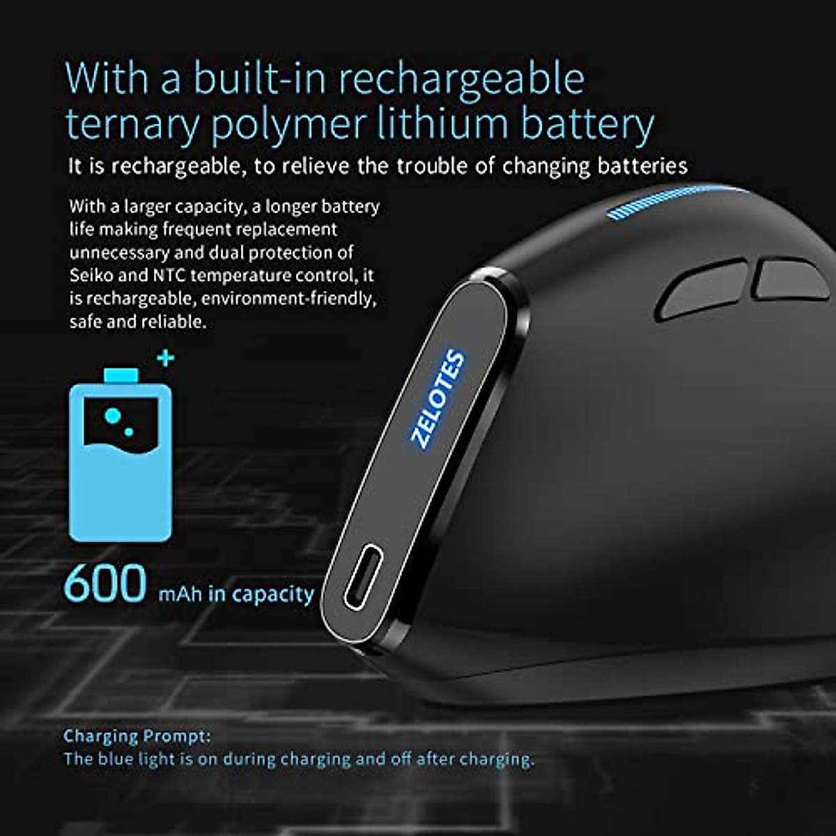 zelotes Ergonomic Vertical Wireless Optical Rechargeable USB Computer Right Handed Mouse
