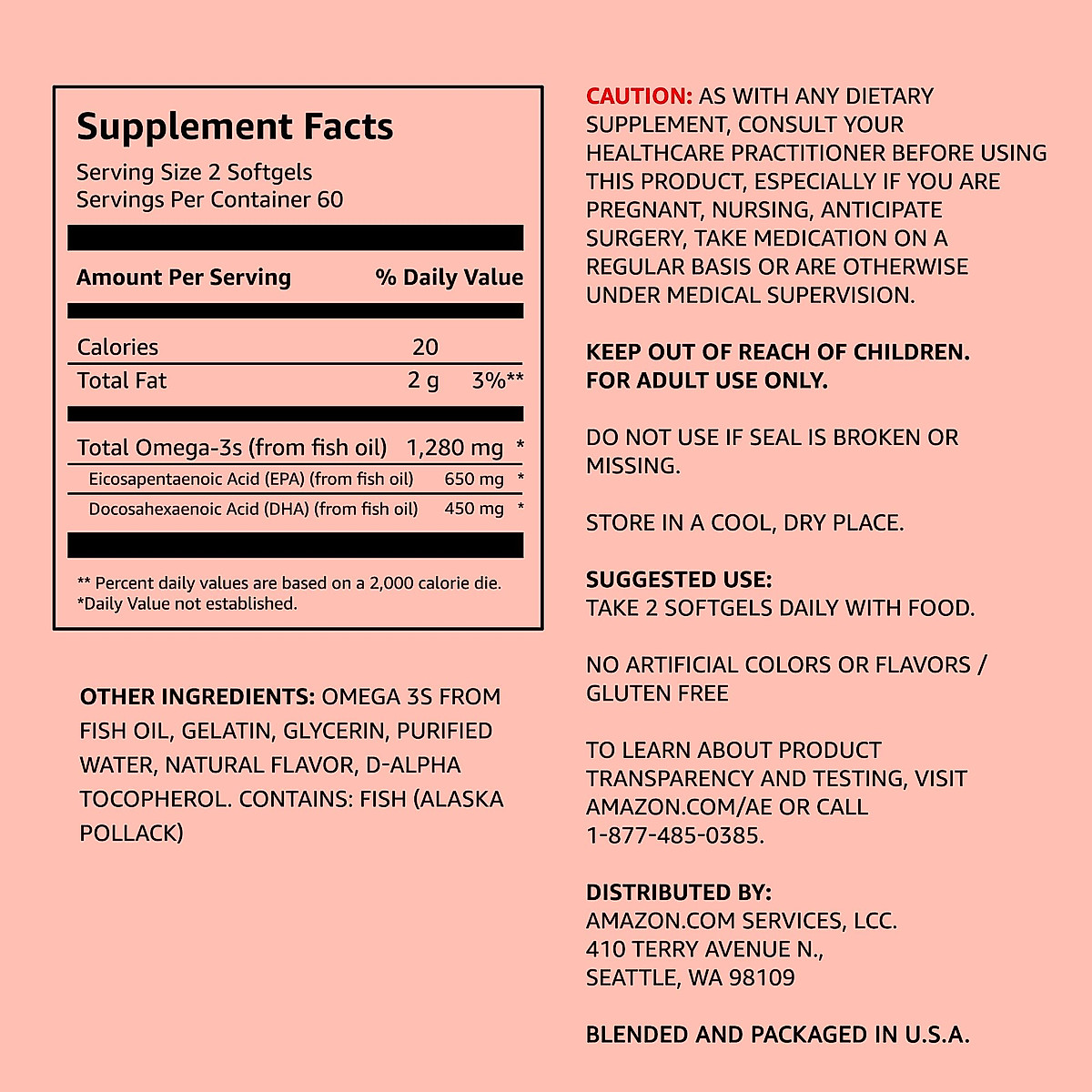 Amazon Elements Super Omega-3 with Natural Lemon Flavor, EPA & DHA Omega-3 fatty acids, 120 Count (1280 mg per serving, 2 Softgels) (Packaging may vary)