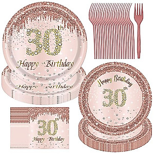 30th Birthday Decorations for Women, Rose Gold Plates Rose Gold Birthday Decorations 96PCS Pink Paper Plates and Napkins Set for Girls Women 30th Birthday Decorations Party Supplies Serve 24 Guests