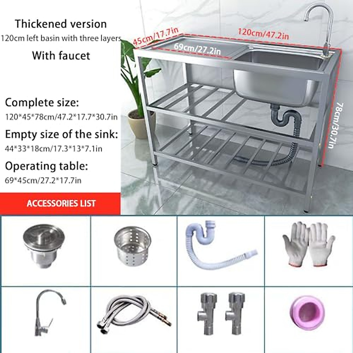 Free Standing Stainless-Steel Single Bowl Sink,Commercial Restaurant Kitchen Sink Set,Utility Kitchen Sink with Workbench, w/Faucet & Drain, for Restaurant,Garage,Laundry Room,Yard
