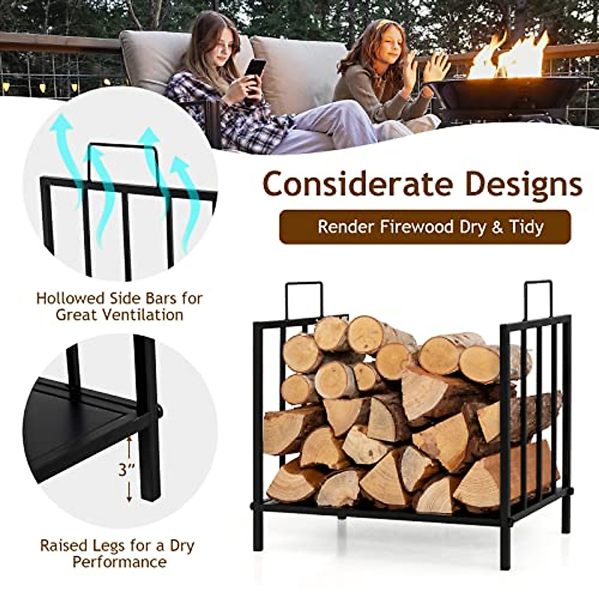 Tangkula Firewood Rack, Heavy Duty Logs Stand Stacker with Convenient Side Handles, Sturdy Steel Frame & Raised Legs, Metal Log Holder Stand for Indoor Fireplace, Outdoor Patio Fire Pit Stove, Black