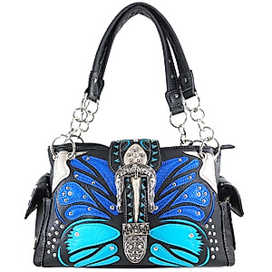 Justin West Abstract Butterfly Buckle Black Conceal Carry Handbag (Blue Purse and wallet)