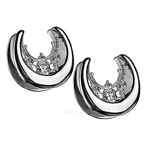 Pierced Owl Silver Tone Floral Filigree Crystal Center Saddle Spreader Ear Gauges in 316L Stainless Steel, Sold as A Pair (12mm (1/2"))