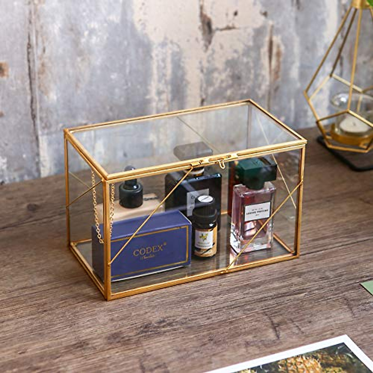 Utopz Decorative Clear Glass Box with Golden Geometric Line & Brass Shadow Box, Jewelry Display Treasure Case, 8 × 4.5 x 5 inch