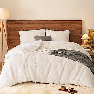 PHF Shaggy Fluffy Faux Fur Duvet Cover Set King Size,Luxury Warm Plush Comforter Cover for Winter Fall,3PCS Soft Lightweight Velvet Cozy Bedding Set with Furry Pillowcases,Aesthetic Room Decor,Cream