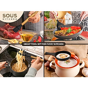 Sous Kitchen Silicone Kitchen Utensils Set & Silicone Cooking Utensils - Kitchen Silicon Utensil Set Wooden Handles - Cooking Utensil Set & Baking Essentials - 30 pcs Silicone Spoons for Cooking