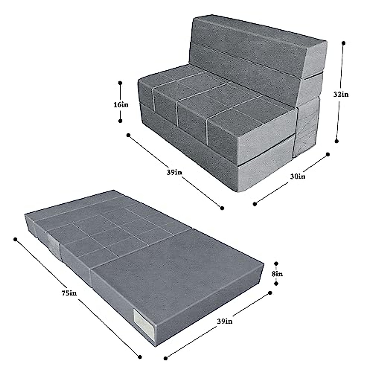 YENING Folding Sofa Bed Twin Size for Small Rooms Fold Out Foam Couch Convertible Bed for Adults Foldable Futon Chair Beds Sleeper, Grey