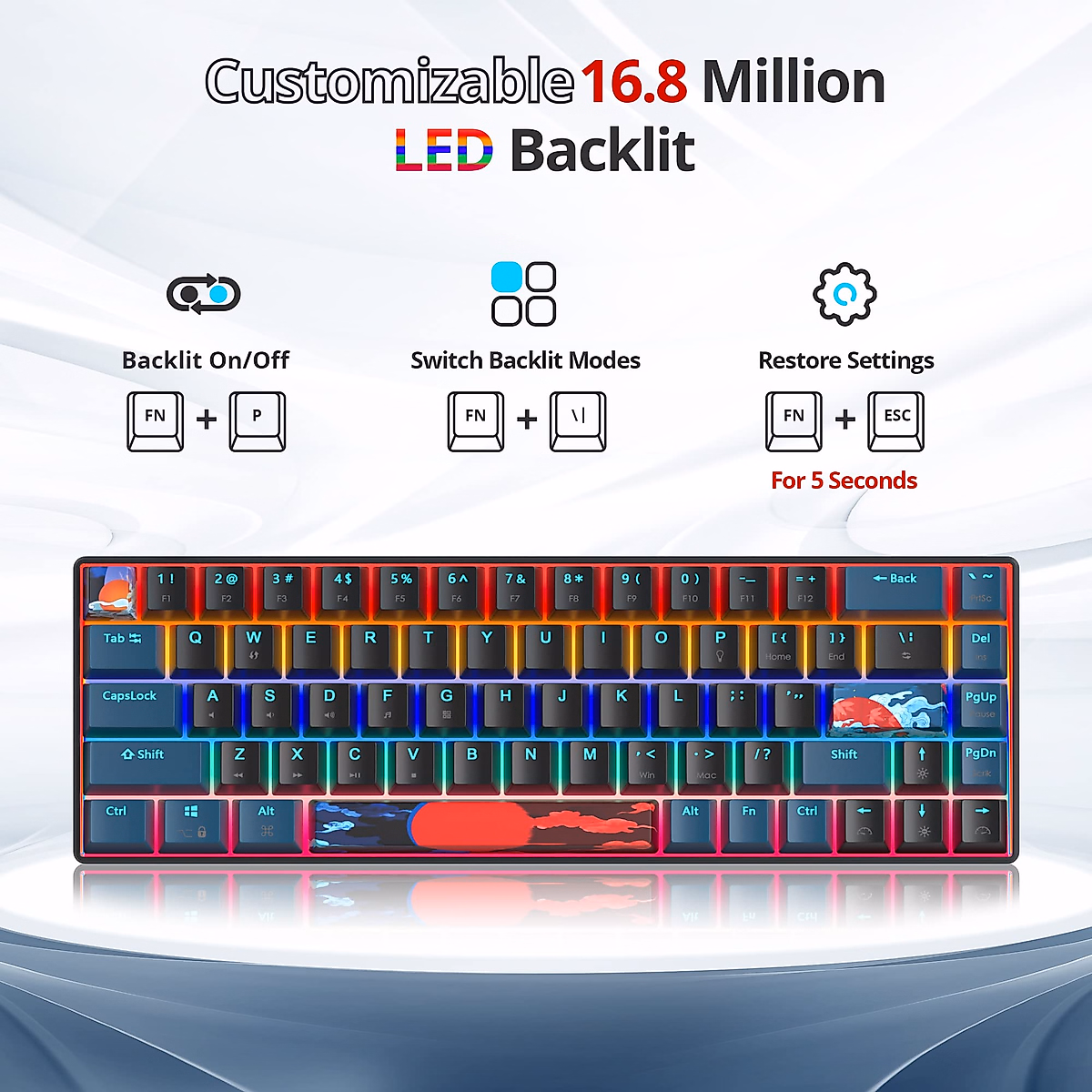 Mosptnspg Protable 60% Percent Gaming Keyboard Mechanical, Mini Compact RGB Backlit 68 Keys Wired Office Keyboard with Red Switch for Mac/Win (Monstor Black/red Switch 68)