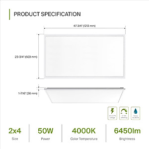 ASD 2x4 LED Flat Panel Light - 50W UL DLC Listed | 6450LM 4000K (Bright White) Dimmable 2x4 LED Light Drop Ceiling | Commercial Recessed & Surface Mount Back-Lit LED Panel Lights for Office, 2 Pack