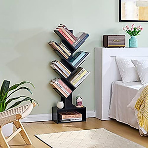 Hoctieon 6 Tier Tree Bookshelf, 6 Shelf Bookcase with Drawer, Free Standing Tree Bookcase, Display Floor Standing Shelf for Books, Book Organizer Shelves for Home Office, Black