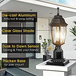 Aoceley Dusk to Dawn Outdoor Post Light with Pier Mount Base, 2-Pack Waterproof Pole Lantern Light Fixture, Exterior Lamp Post Lantern Head with Clear Glass for Garden, Patio, Pathway