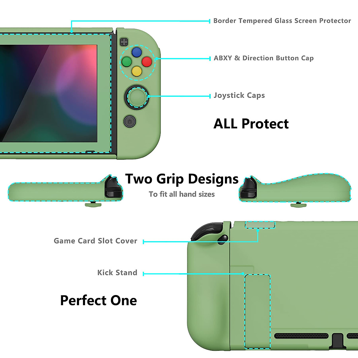 PlayVital AlterGrips Ergonomic Grips Cover for Nintendo Switch, [2 Design] Interchangeable Comfort Dockable Protective Case with Screen Protector & Thumb Grip Buttons Caps - Matcha Green