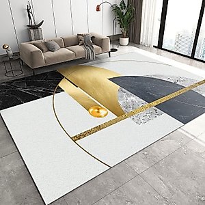 Nordic Gold Black White Geometry Area Rugs, Light Luxury Gray Marble Texture Living Room Rugs, Fade Resistant Soft Anti-Slip Rug for Patio Sofa Dining Table Bedside Bedroom 3ftx5ft