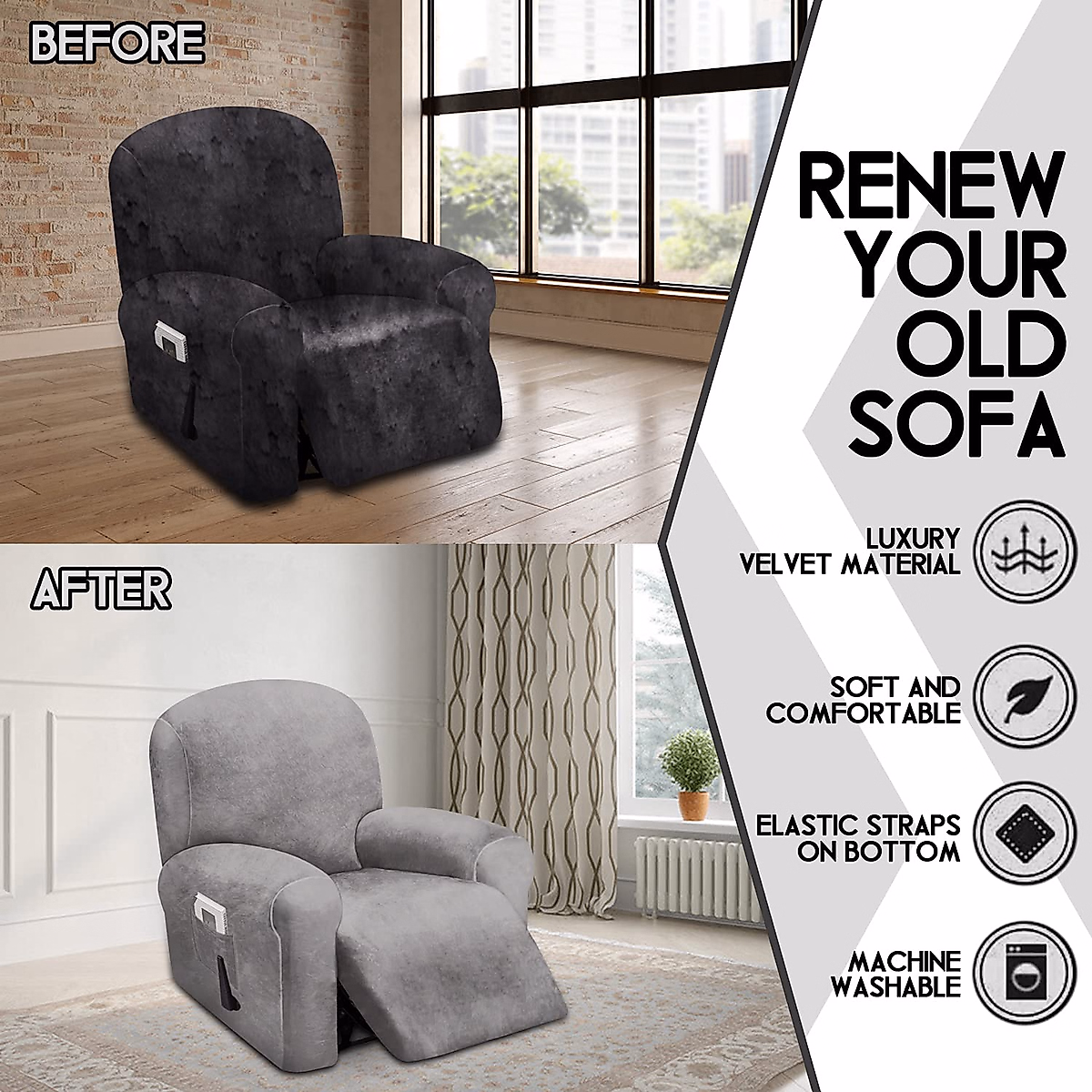 ULTICOR 4-Piece, 1 Seat Recliner Cover, Velvet Stretch Reclining Chair Covers for 1 Cushion Reclining Sofa, Single Seat Recliner Couch Cover, Thick, Very Soft, Machine Washable (Light Grey)