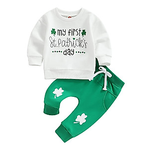 My First St. Patrick's Day Newborn Baby Boys Clothes Sets Long Sleeve Sweatshirts Tops+Green Drawstring Pants (White, 6-12 Months)