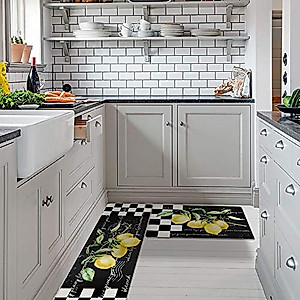 Kitchen Rug Set 2 Piece PVC Leather Floor Mat Summer Time Lemons in A Black and White Grid Waterproof Non-Slip Kitchen Mats and Rugs Standing Desk Mat Set- 18''x30''+18''x47''