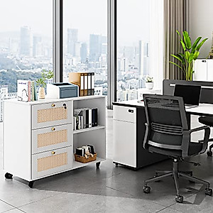 AWQM Wood Filing Cabinet with Lock,3 Drawers Office Storage Cabinet Printer Stand with Open Storage Shelves,Rattan Mobile File Cabinet for Home Office,White