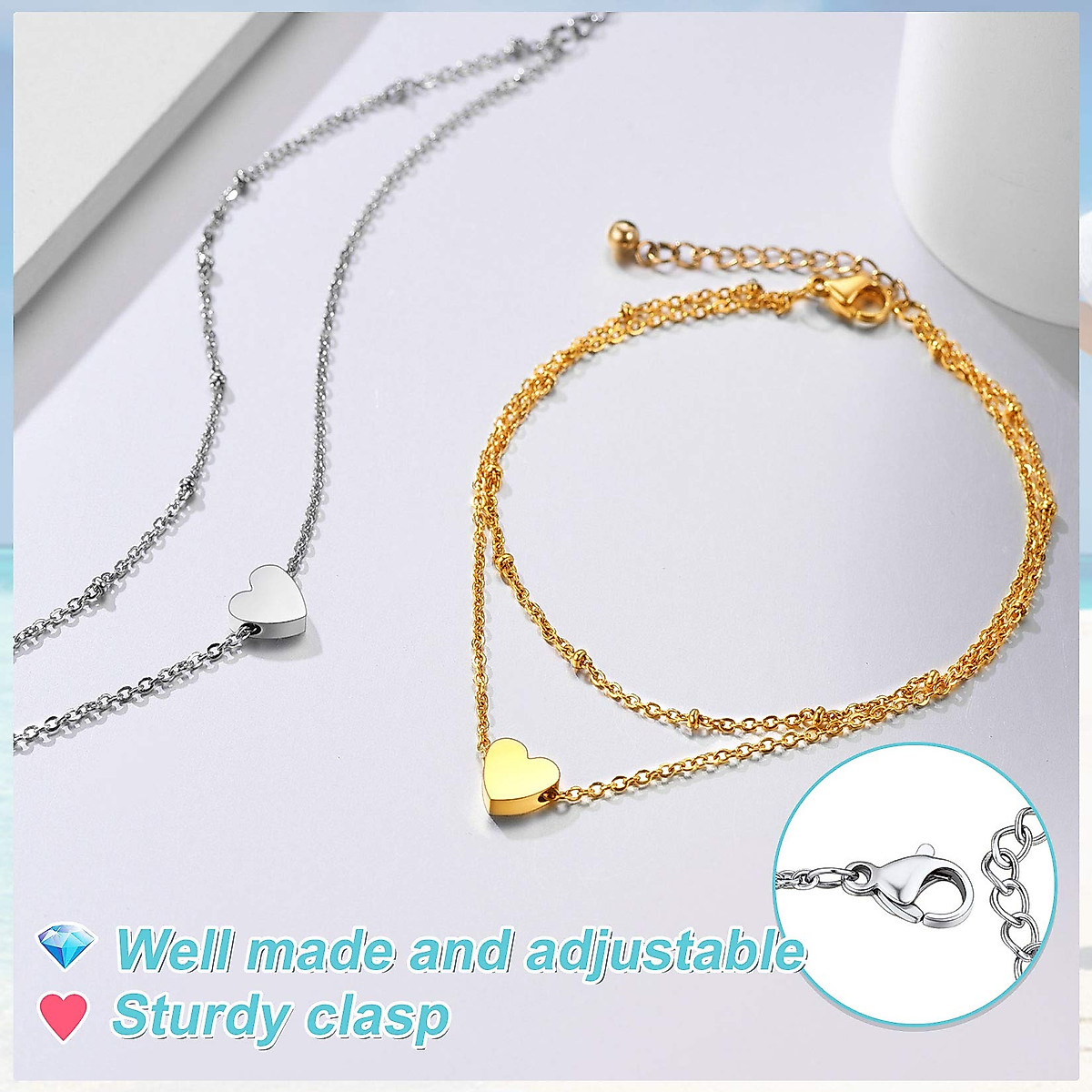 Ankle Chains for Women Stainless Steel Heart Anklet Sterling Silver Color Layered Anklets