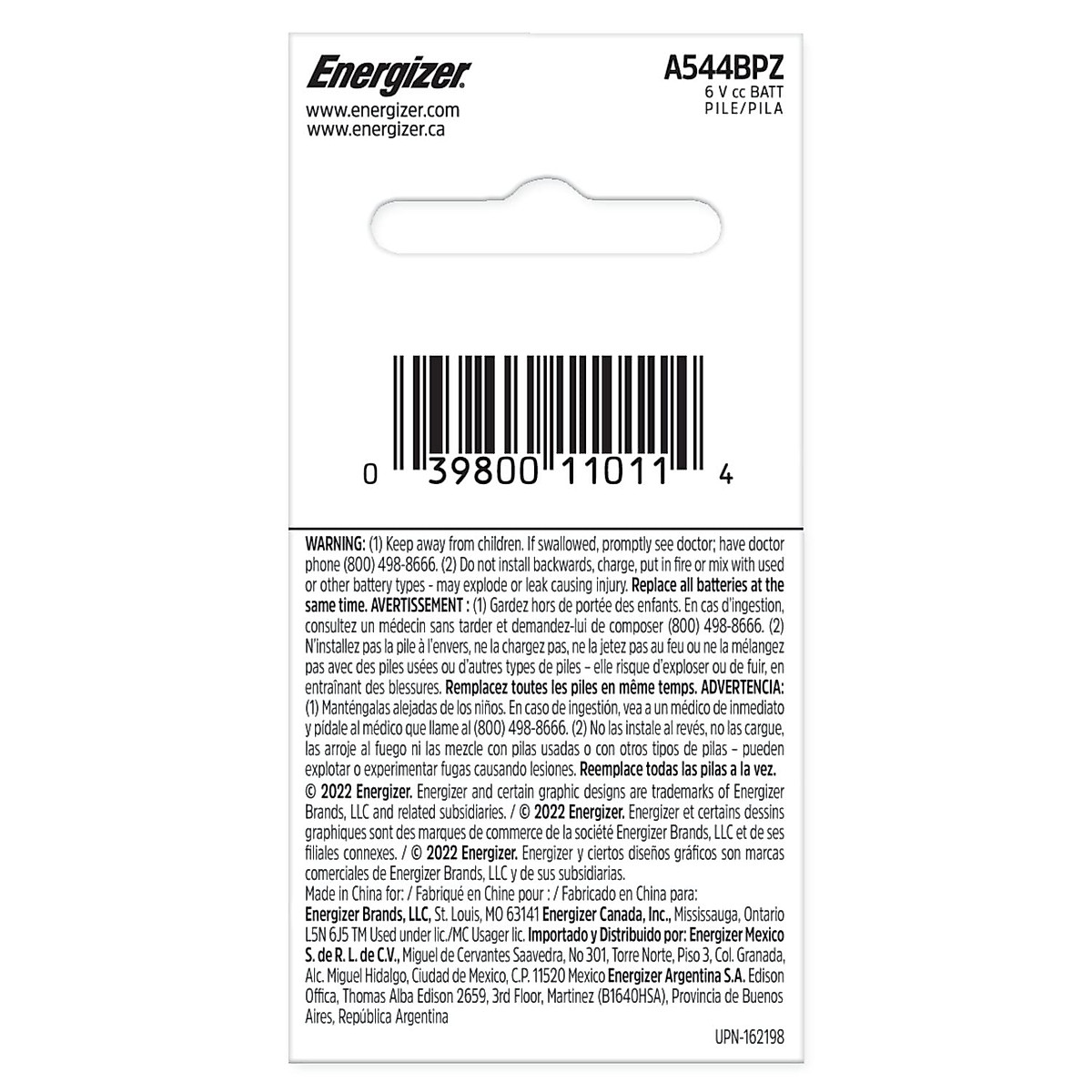 Energizer A544BPZ Zero Mercury Battery, Multi