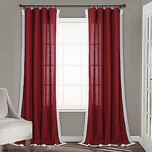 Lush Decor Rosalie Light Filtering Window Curtain Panel Set- Pair- Vintage Farmhouse & French Country Style Curtains - Timeless Dreamy Drape - Romantic Lace Trim - 54" W x 95" L, Red