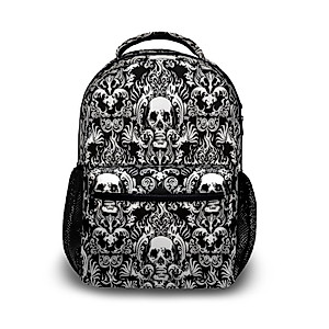 Black Skull Backpack Vintage Floral Casual School Bag Lightweight Zipper Laptop Bookbag Hiking Shoulder Daypack for Women Men