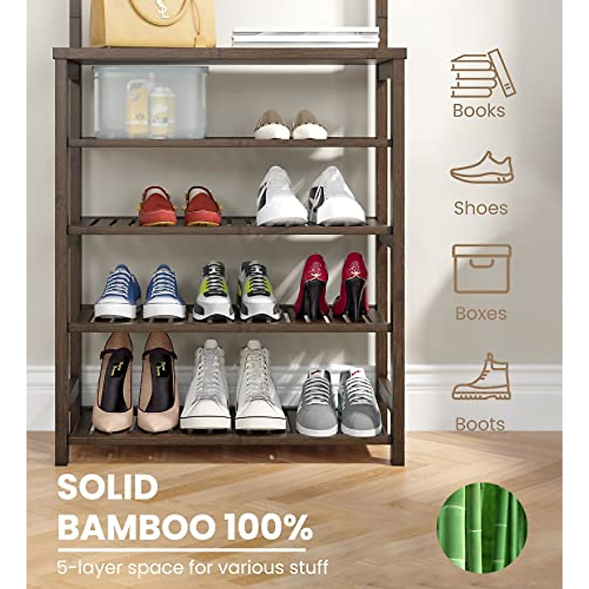 SEIRIONE 5-Tier Coat and Shoe Rack for Entryway Organizer, Freestanding Hall Tree, Mudroom Storage Organization Furniture, 5 Hanger Hooks, Upper Shelf, Solid Bamboo, Stylish Appearance