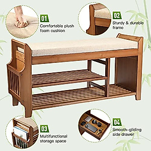 Joyoolife 3-Tier Shoe Rack Bench for Entryway 38.8x12.2inch Bench with Storage and Seating, Bamboo Shoe Organizer Bench Entryway, Shoe Storage Bench for Indoor Bedroom Hallway Living Room