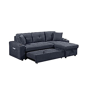 Longrune Modern Velvet Sectional Convertible with 2 Cupholders and Two Side Pockets,Reversible Pull Out Couch Storage Chaise Lounge for Living Room Apartment, Dark Gray
