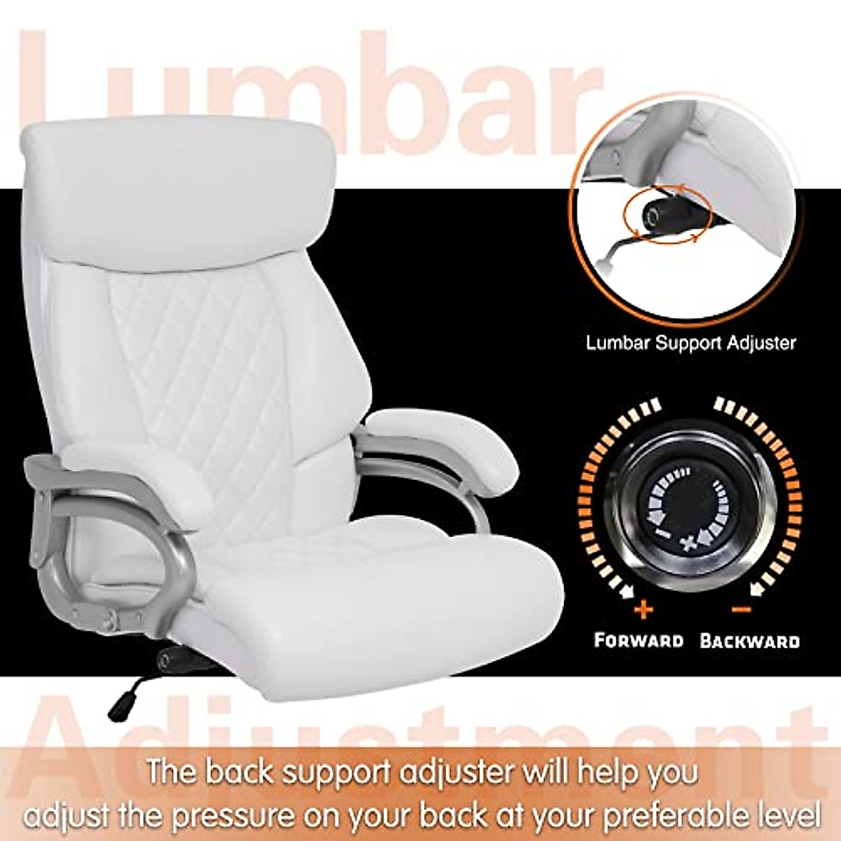 Okeysen Big and Tall 500lbs Office Chair Wide Spring Seat, High Back Large Executive Chair, Adjustable Lumbar Support Quiet Rubber Wheels Heavy Duty Metal Base, Office Chair for Back Pain (White)