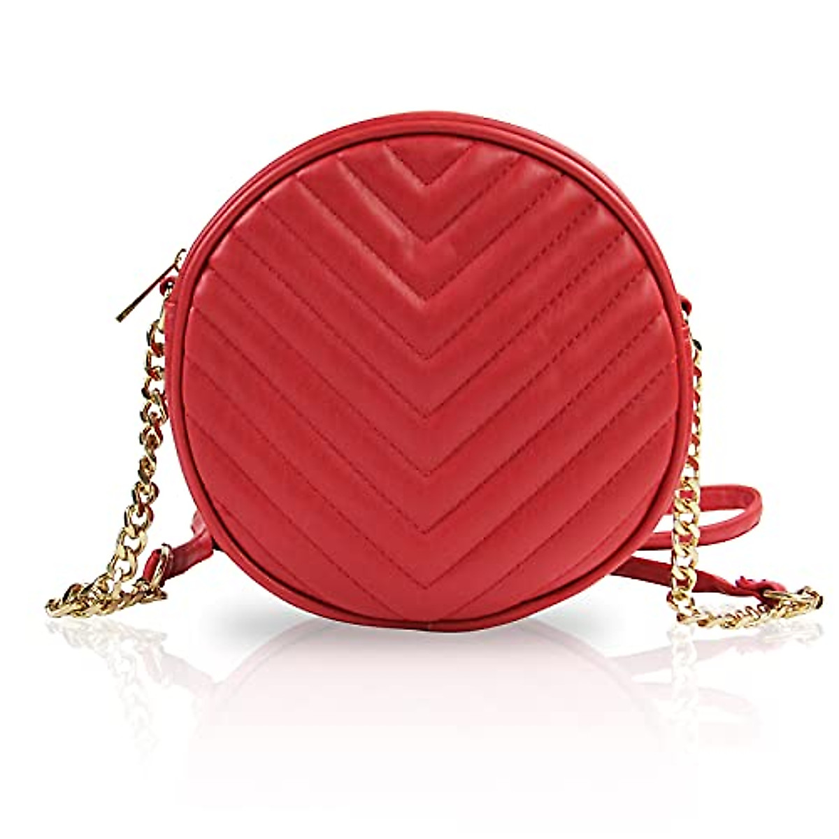 RCFJ b y K L A N D Round Crossbody Bag for Women,PU Leather Shoulder Bag with Metal Chain Strap, Cellphone Purses with Zipper