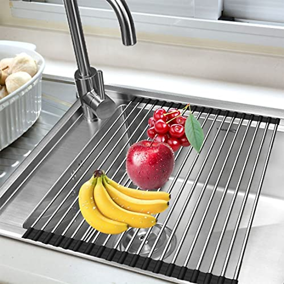 Ahyuan Roll up Dish Drying Rack Over The Sink Kitchen Roll up Sink Drying Rack Portable Dish Drainer Foldable Dish Drying Rack (Black, 17.8''X14'')