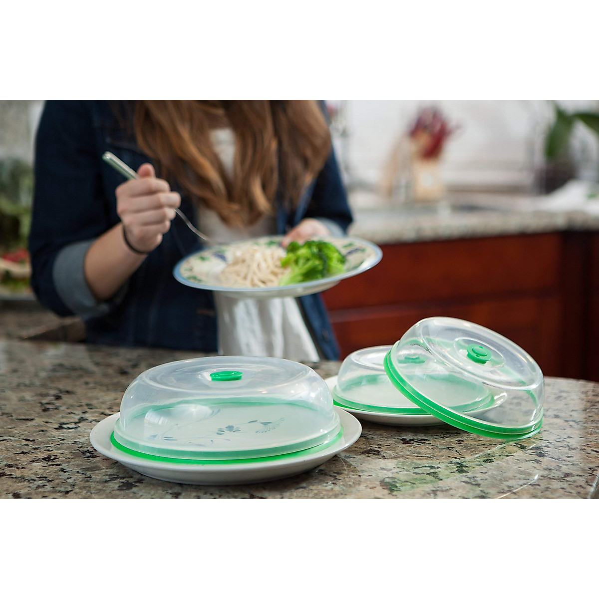 Press n Fresh Universal Vacuum Air-tight Food Sealer Container Plate Platter Lid Cover Topper Dome, Stackable, Dishwasher and BPA Free (9 & 7 inches, Green)